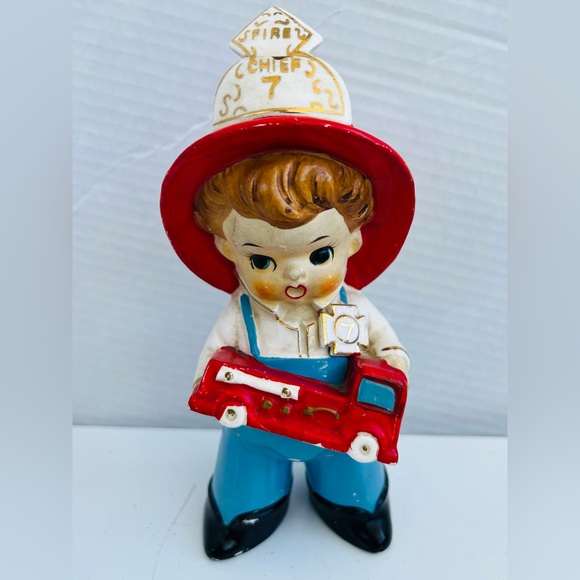 Toys | Rare Vintage Relpo Ceramic Fire Chief Little Boy Fire Truck ...